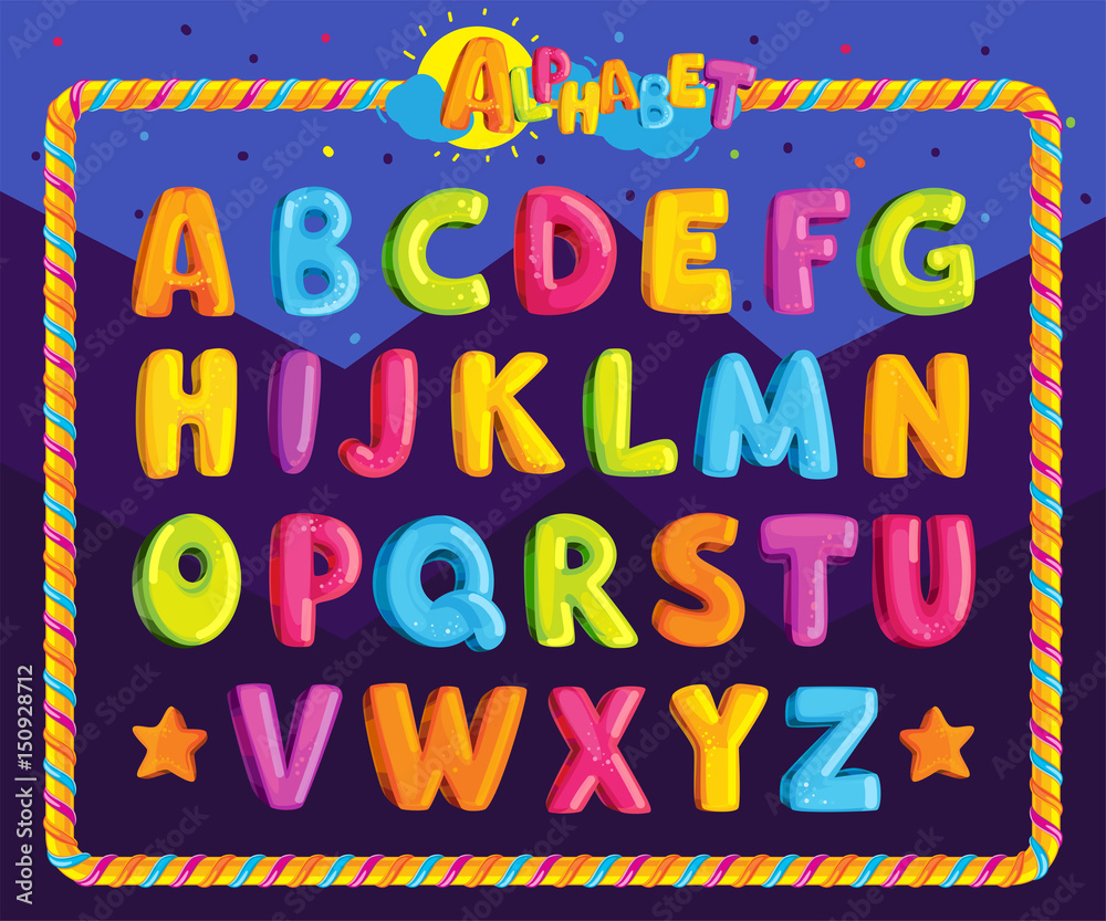 Children's font in the cartoon style. Set of multicolored bright ...