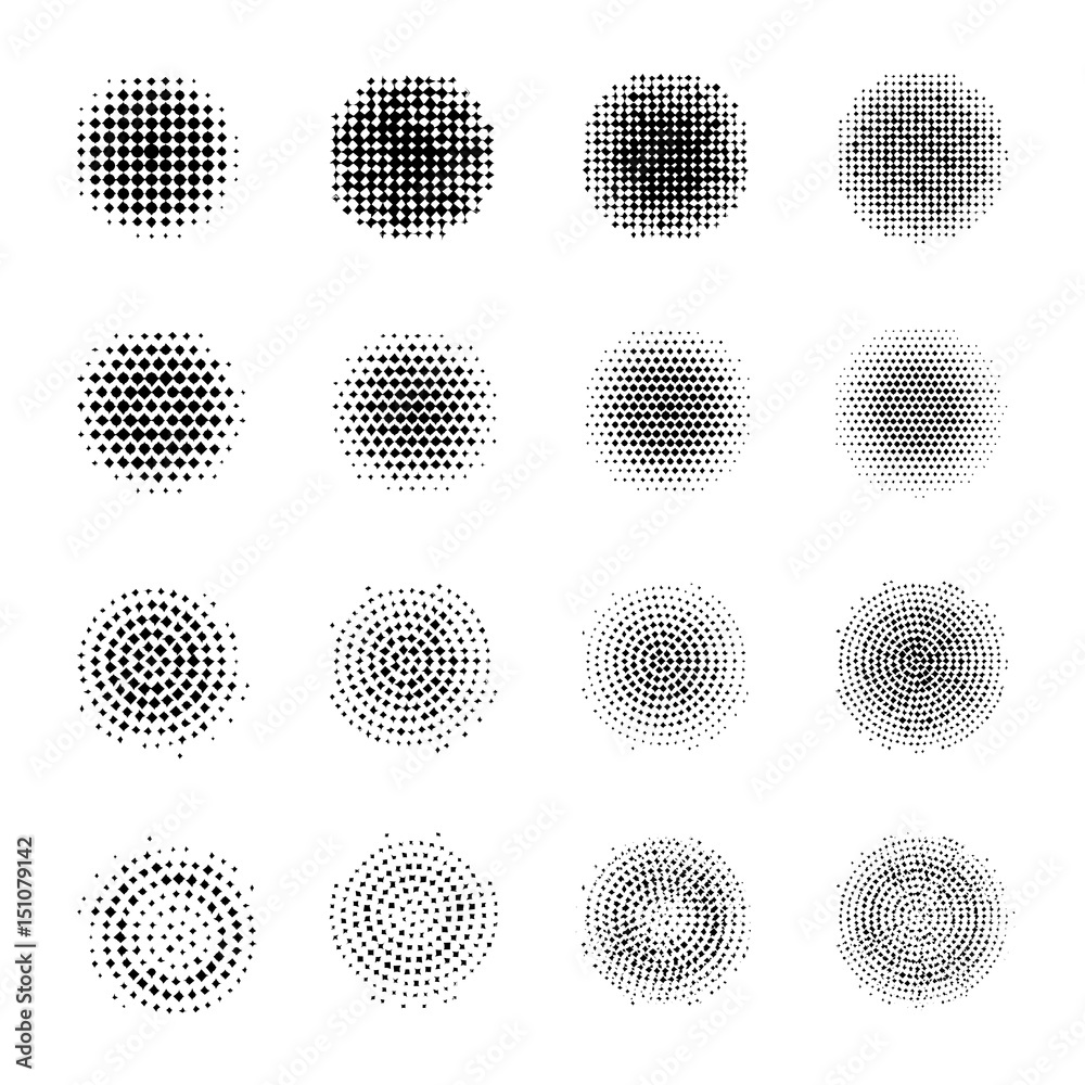 Set of Halftone roughen circles isolated on white background.Collection of halftone effect dot ...