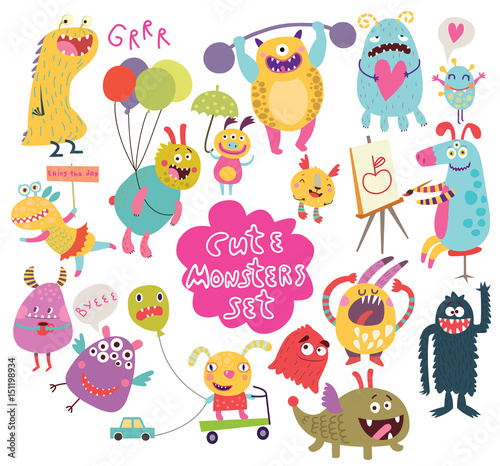 Cute monsters. Lovely monster set for children designs. Sweet smiling ...