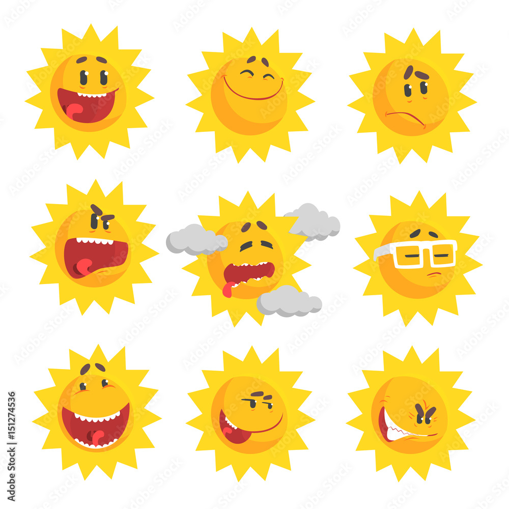 Cute cartoon sun emojis. Emotional face set of colorful characters ...