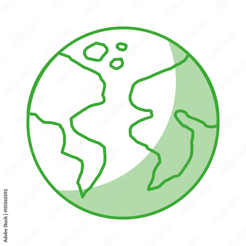 earth planet icon with shadow and green line over white background ...