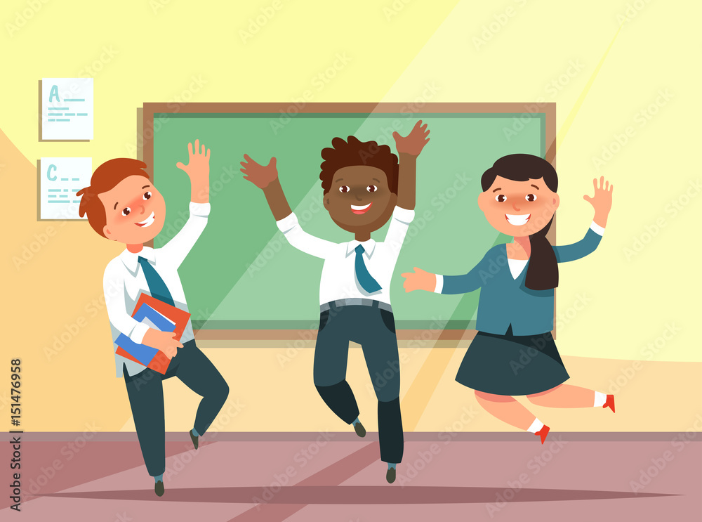 Vector illustration happy group elementary school boy and girl jumping ...