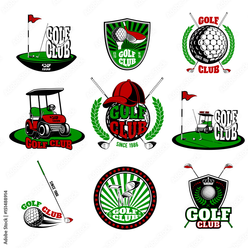 Stock-Vektorgrafik „Vector set logos golf club with image of golf kara ...