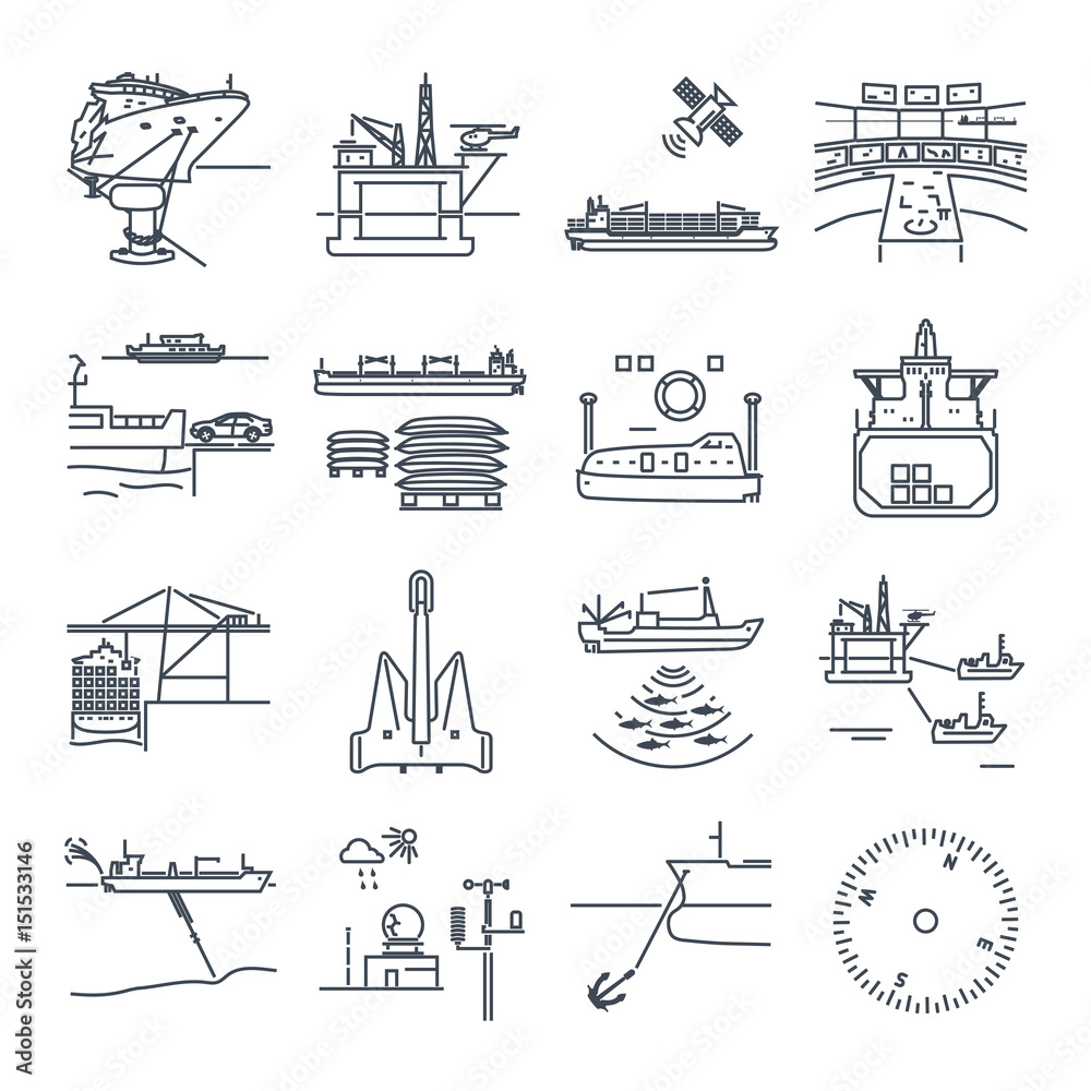 set of thin line icons water transport and sea port, oil platform, dry ...