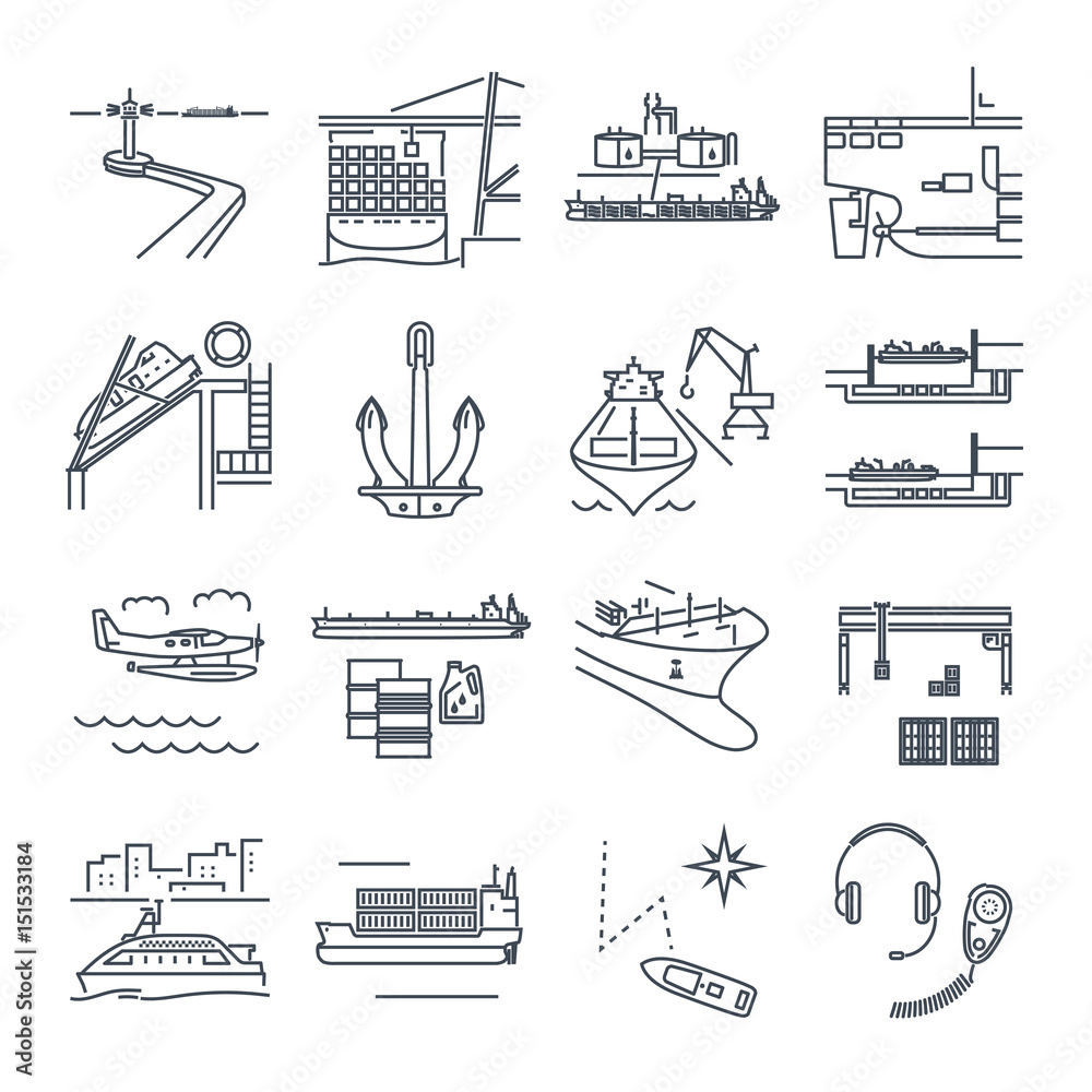 set of thin line icons water transport and sea port, merchant shipping ...