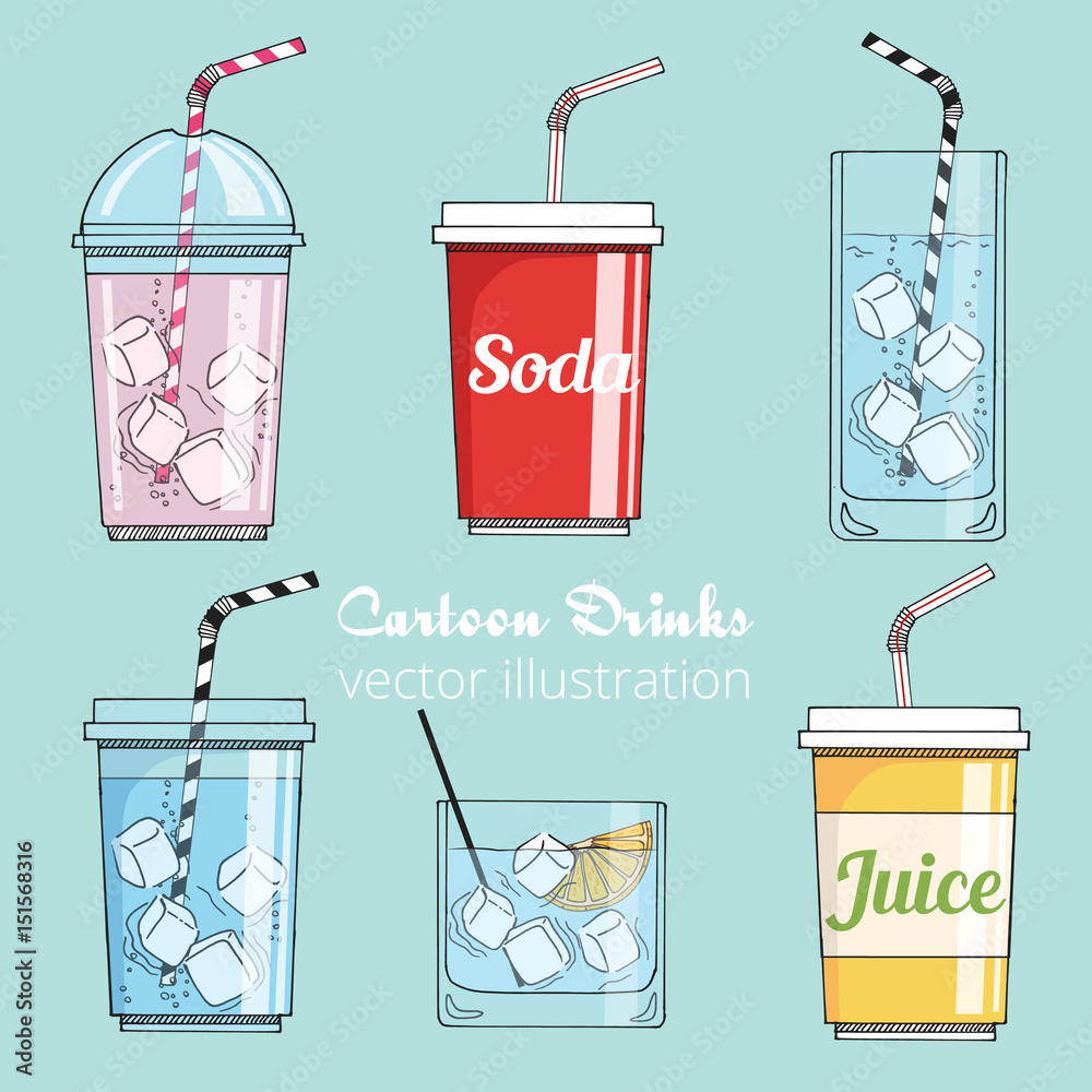 Set of cartoon drinks: cold beverages with ice- tea, lemonade, smoothie ...