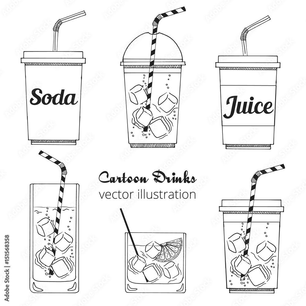 Set of cartoon drinks: cold beverages with ice- tea, lemonade, smoothie ...