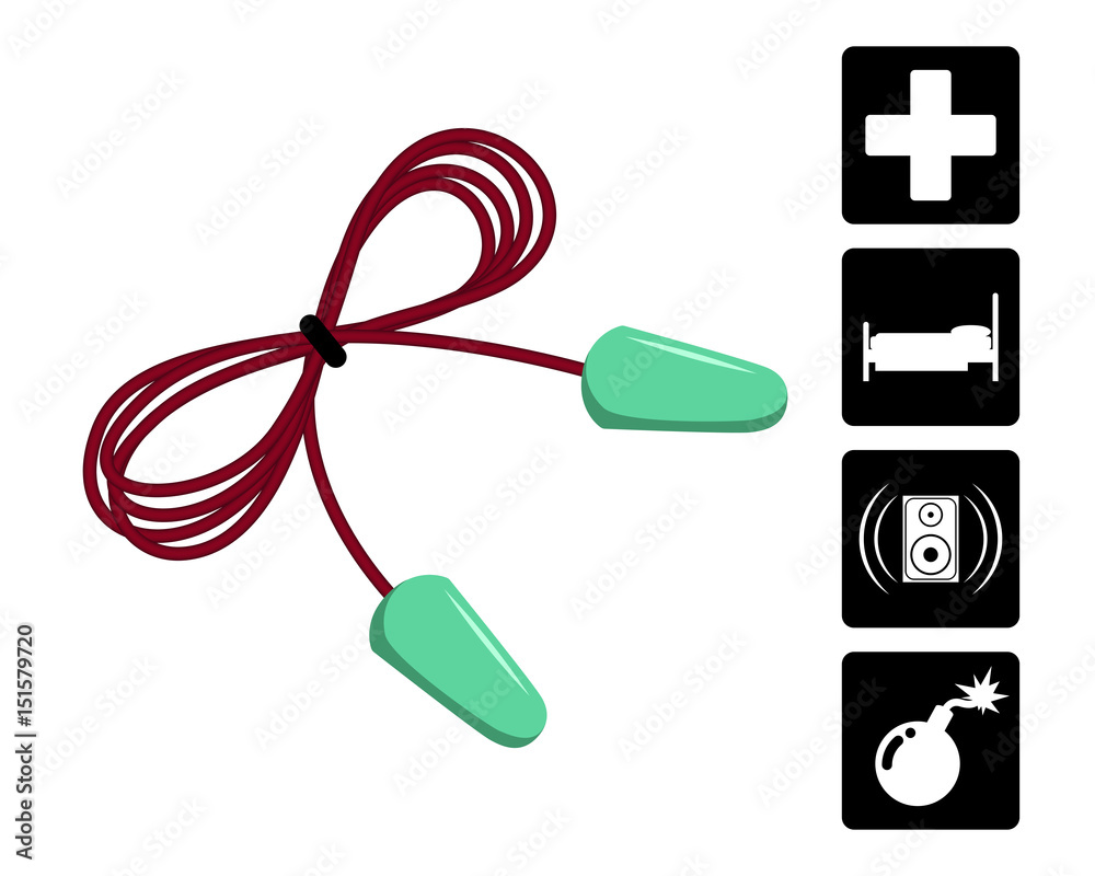 Ear plugs vector illustration. Foam ear plugs with usage icons set ...