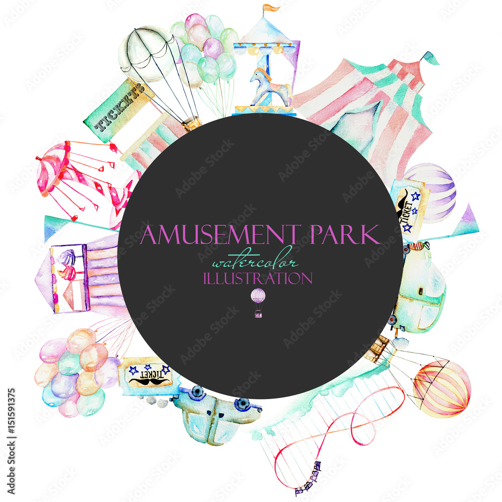 Circle frame with watercolor elements of amusement park, hand drawn ...