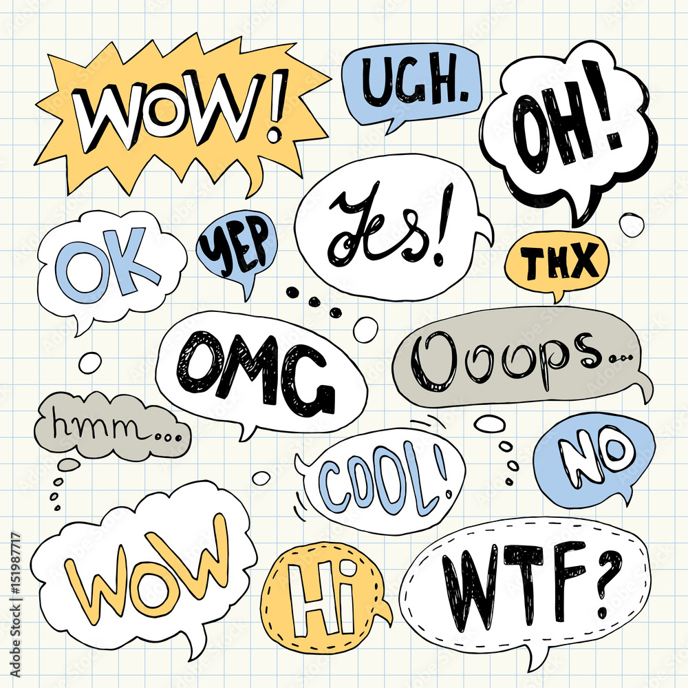 Hand drawn set of speech bubbles with handwritten text: Yes,Wow,Oh,Thx ...