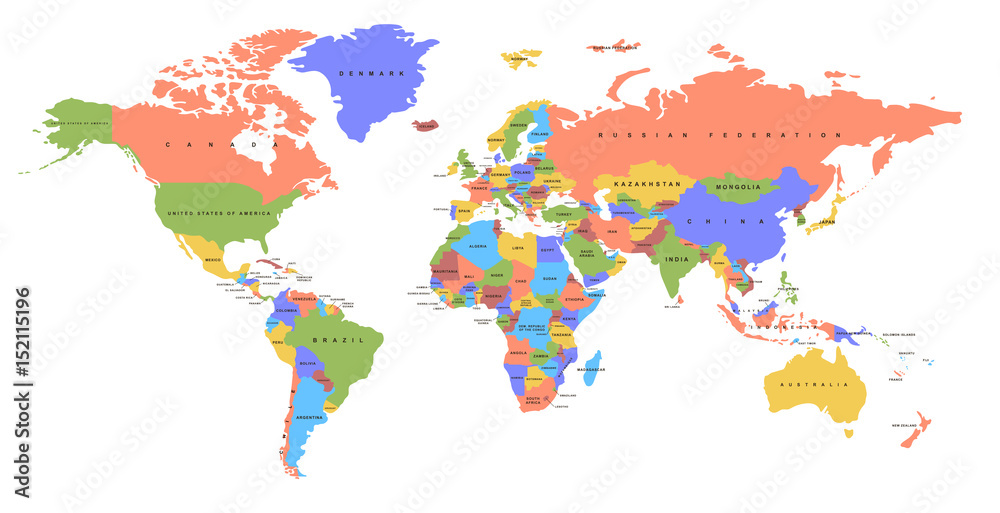 Color world map with the names of countries. Political map. Every ...