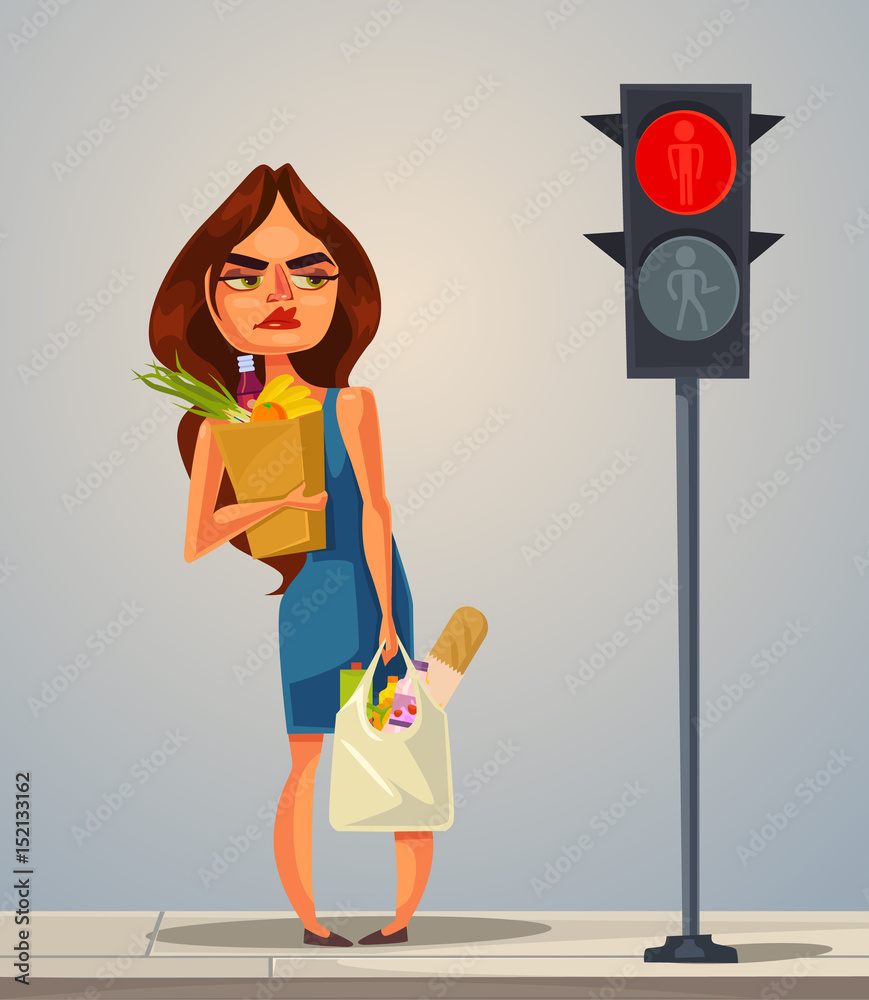 Angry nerves hurrying late woman is waiting for green color traffic ...