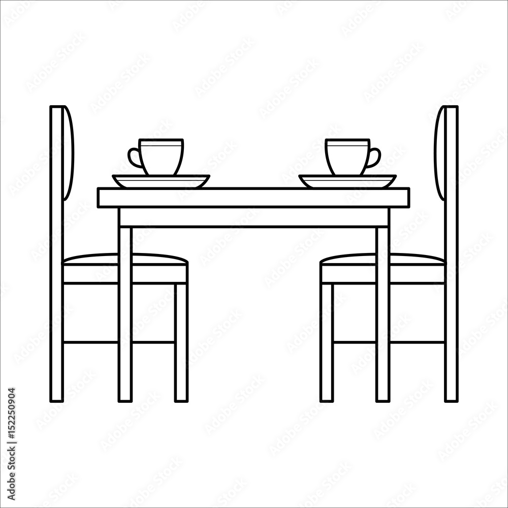 Table and chairs in dinning room. Flat vector icon in simple outline style. Interior element of ...