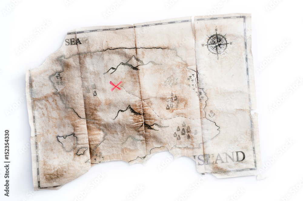 Folded vintage map of fake island with Pirated treasure chest Stock ...