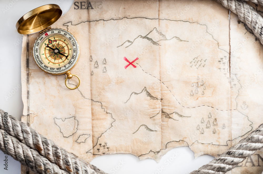 Top view to Fake treasure map with red cross and Marine rope Stock ...