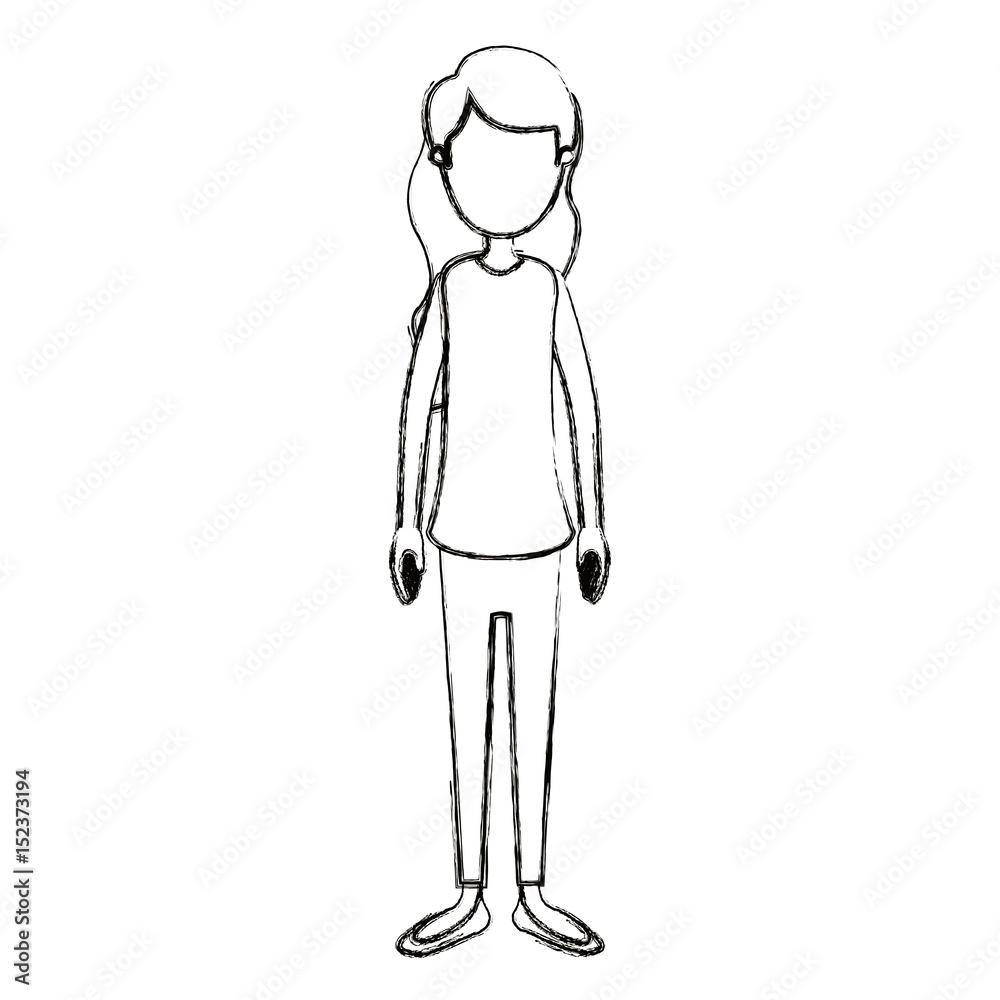 blurred silhouette cartoon full body faceless woman with wavy long hair ...