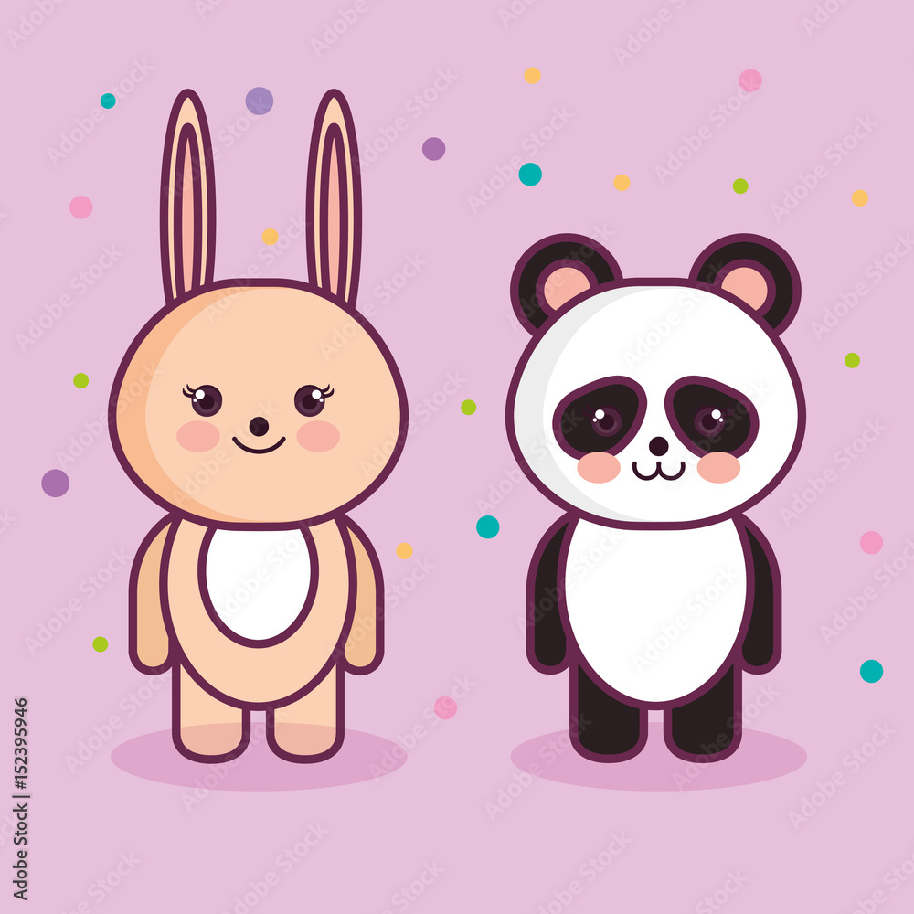 Kawaii bunny and panda over pink background. Vector illustration. Stock ...