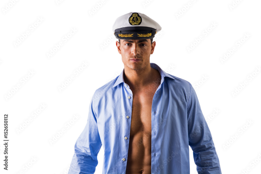 Muscular male sailor with open shirt on muscle torso, wearing marine ...