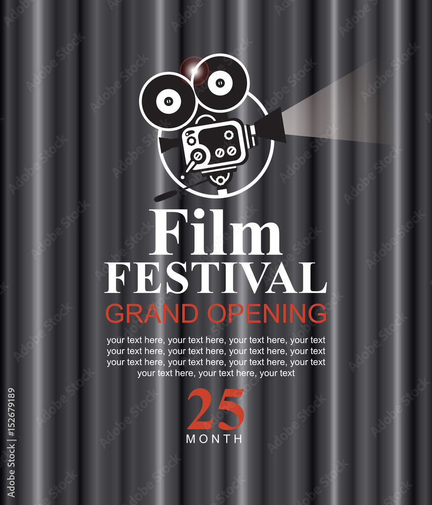 Vector film festival poster with cinema grey Curtains and old fashioned ...