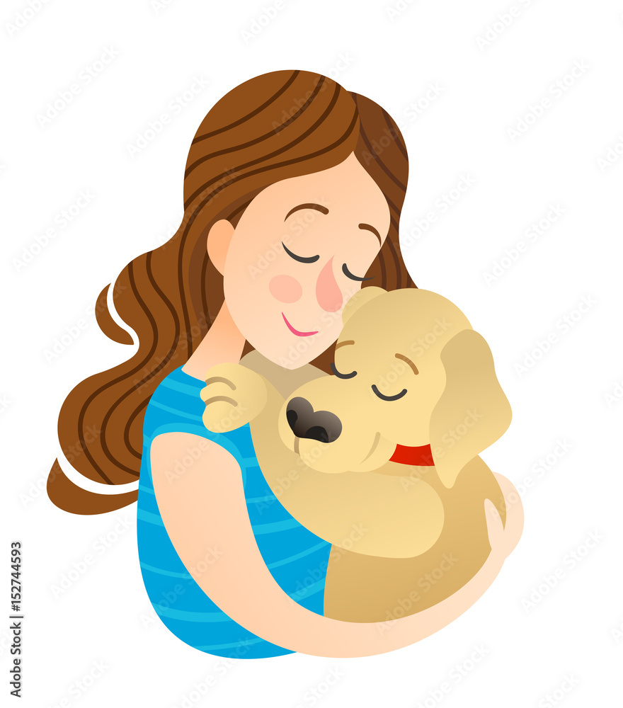Vector cute cartoon smiling girl hug a puppy labrador, woman hold in ...