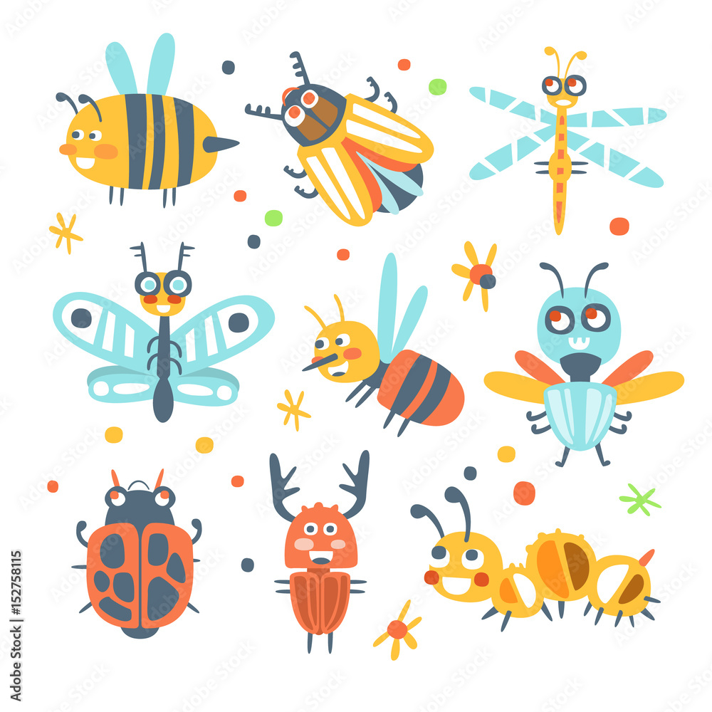 Cute cartoon bugs set. Funny insects colorful cartoon characters Stock ...