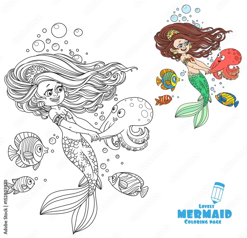 Beautiful little mermaid girl dancing with an octopus coloring page on ...