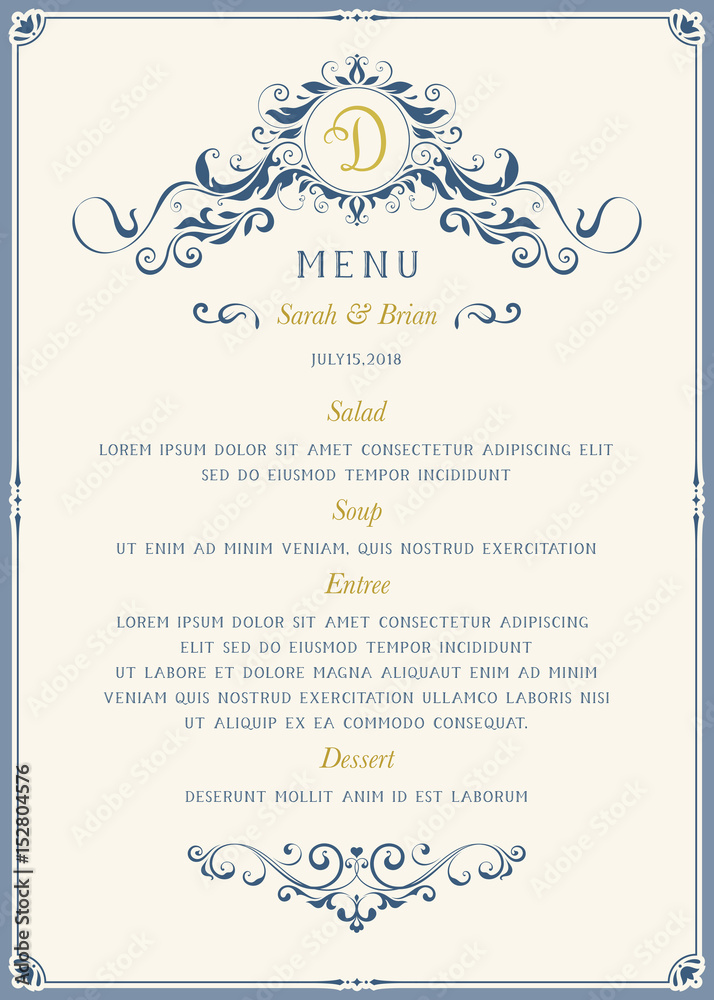 Ornate classic menu design in vintage style. Vector template. Stock ...