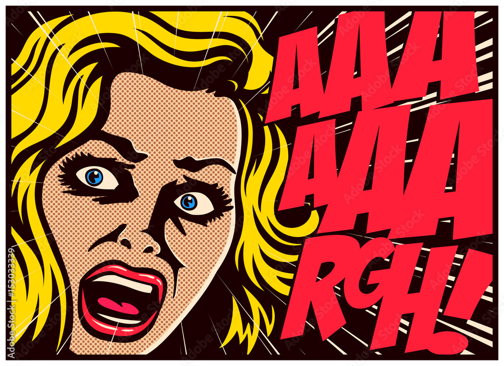 Pop Art style comic book panel with terrified woman in a panic ...