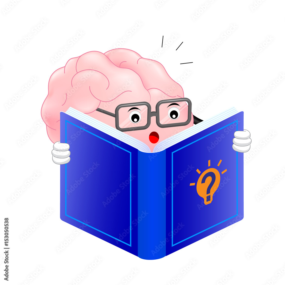 Cute brain cartoon character reading book. Mascot featuring a glasses ...