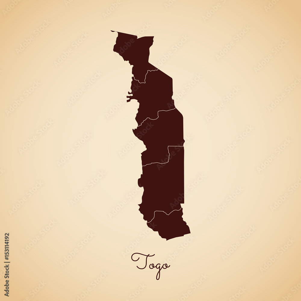 Togo region map: retro style brown outline on old paper background ...