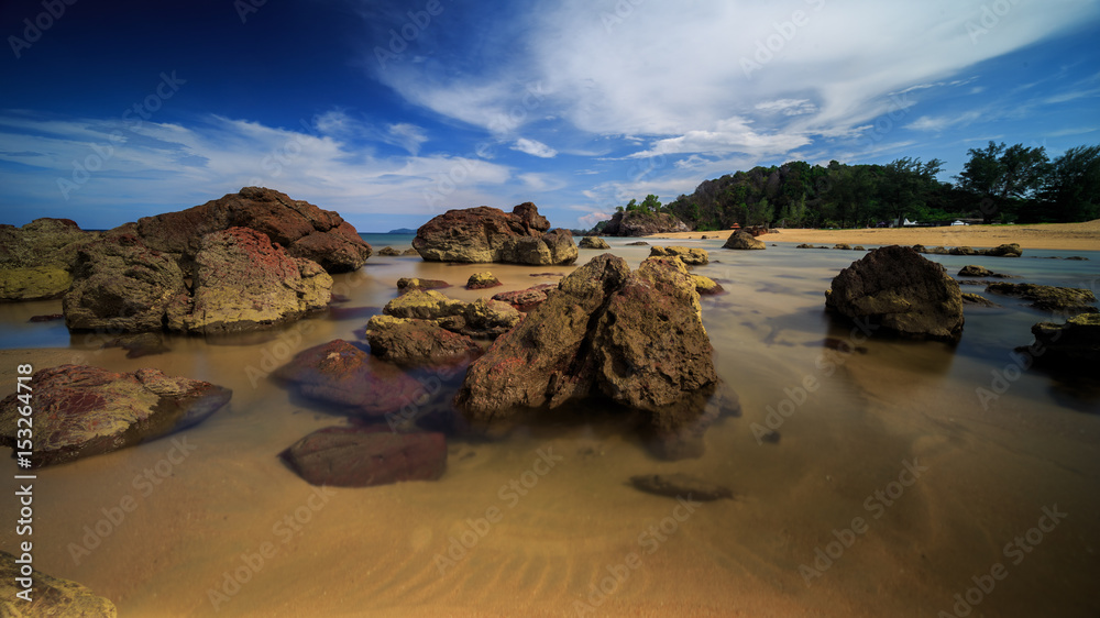 scene of blue sky with texture of rocks and island and hills at Pantai ...