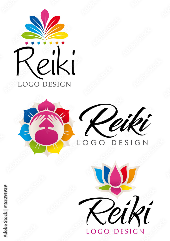 Three different Reiki logos with floral theme with the colors of the ...