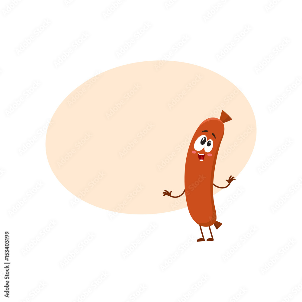 Cute and funny sausage character with human face showing awe, admiring ...