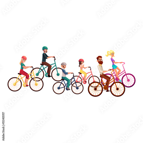 Various people, men and women, riding bicycles, cycling, cartoon vector ...
