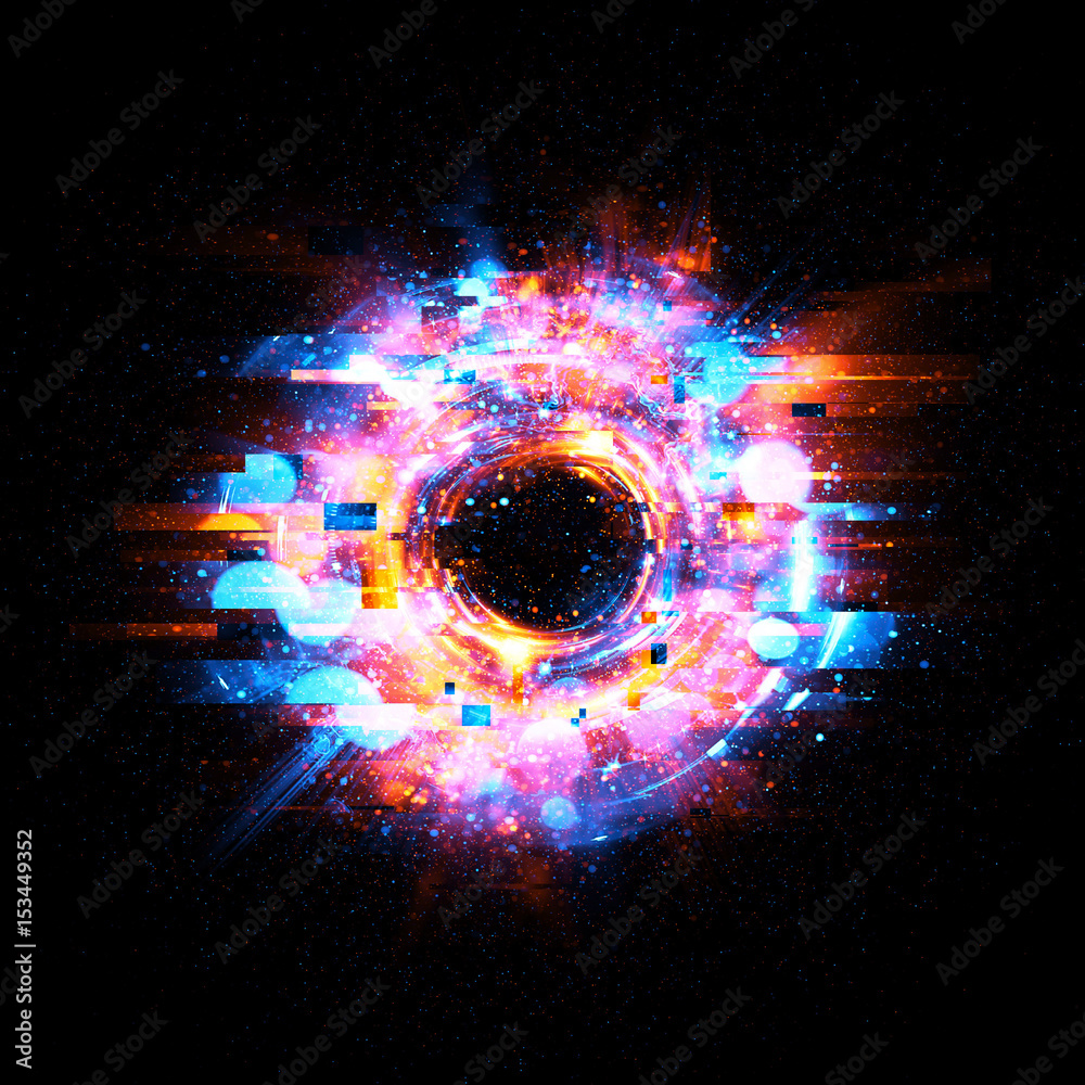 Light corrupted ring on dark background. Glowing energy ball. Glitch ...