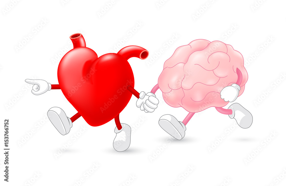 Heart leading brain character. hand in hand and walking together ...
