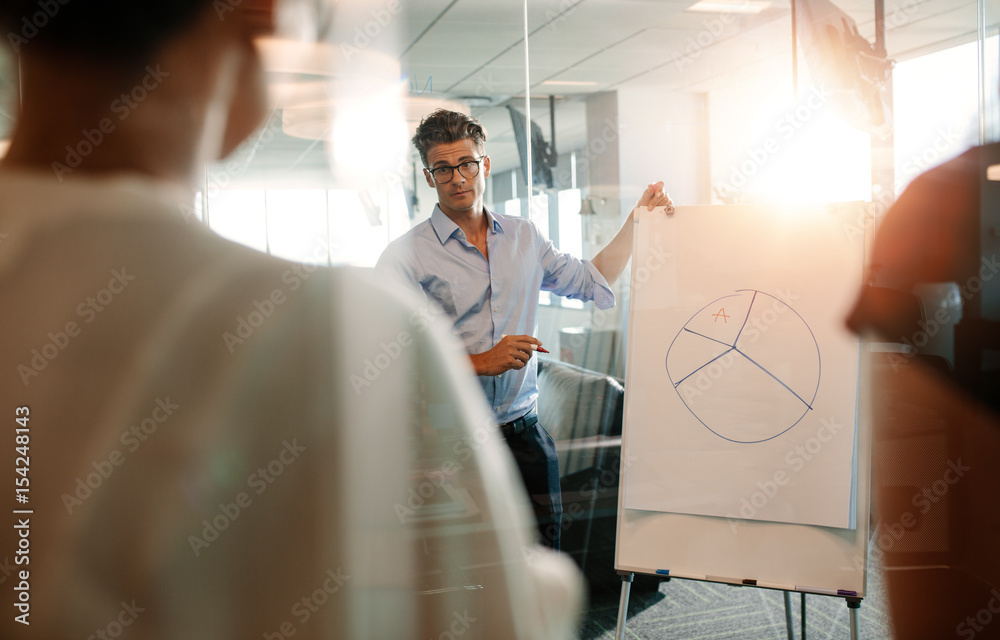 Manager explaining pie chart to coworker in modern office Stock Photo ...