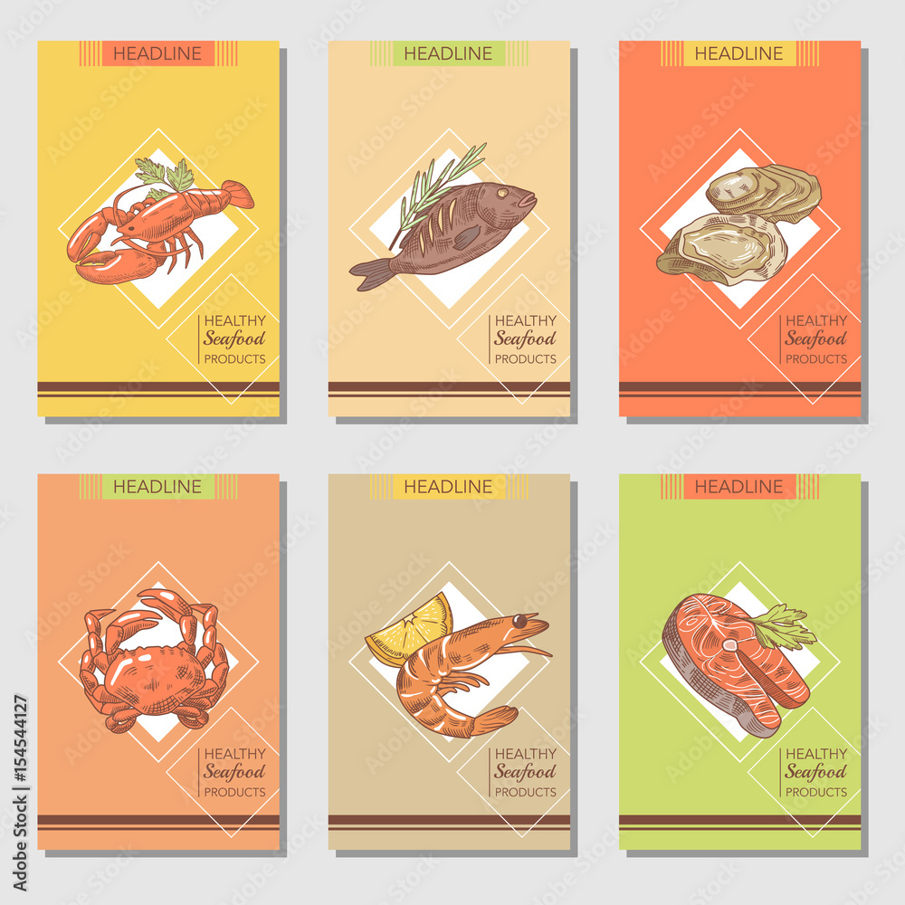Hand Drawn Seafood Cards Design with Fish Crab and Lobster Restaurant ...