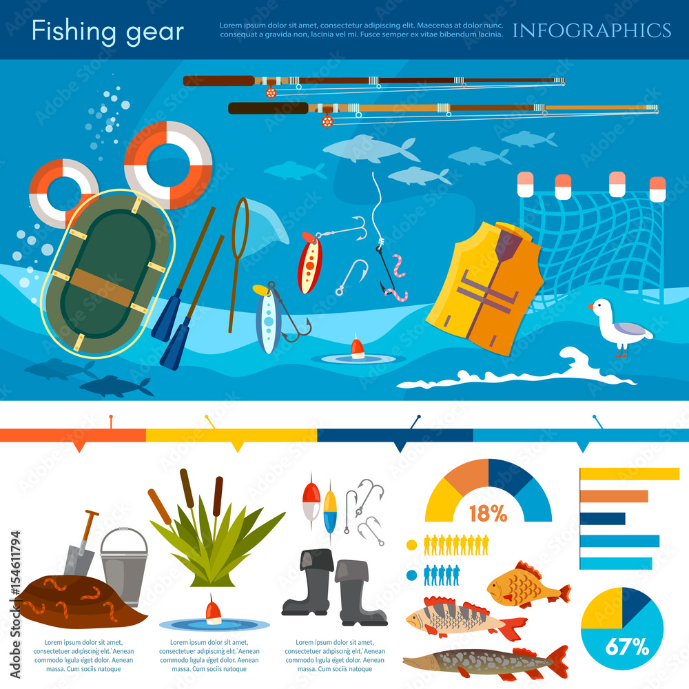 Professional fishing infographic, fishing rod, hooks, bait, fish, worms ...