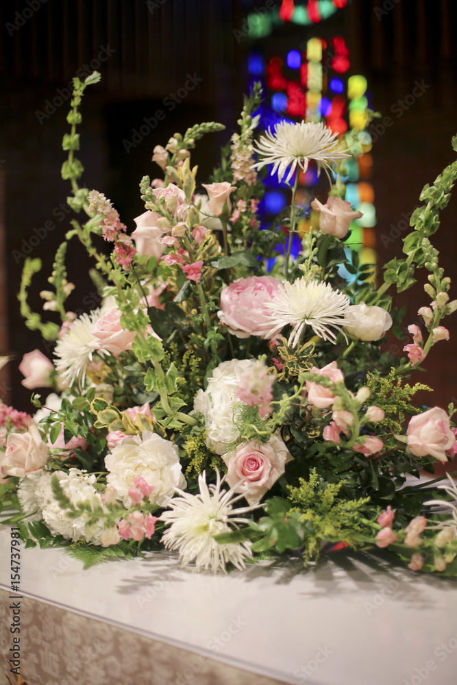 Pink, White, and Green Church Wedding Altar Flowers Stock Photo | Adobe ...