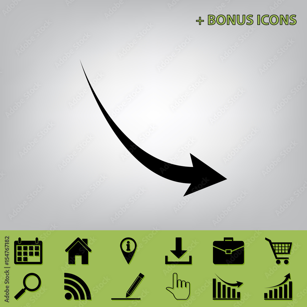 Declining arrow sign. Vector. Black icon at gray background with bonus ...