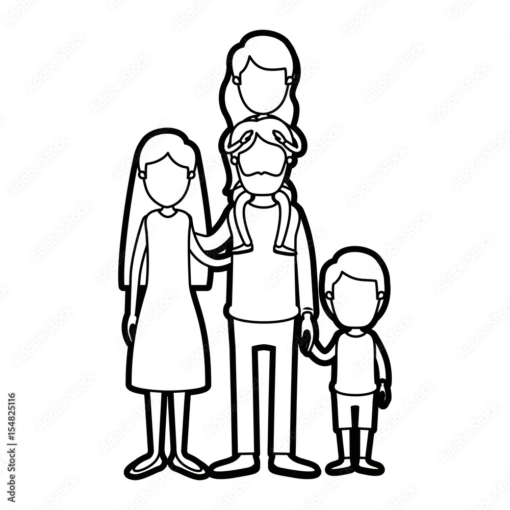 caricature thick contour faceless family parents with girl on his back ...
