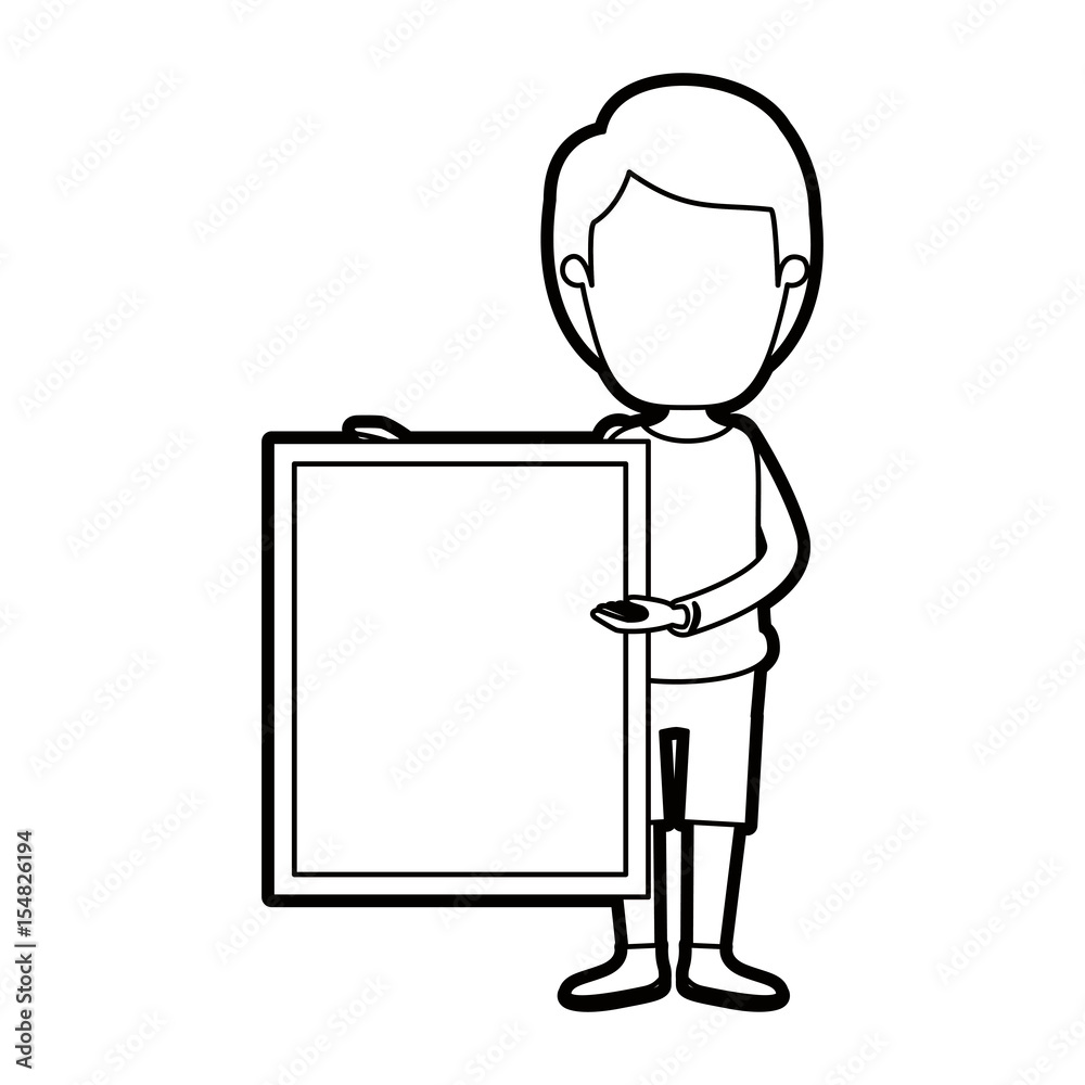 caricature thick contour faceless full body man holding a square poster ...