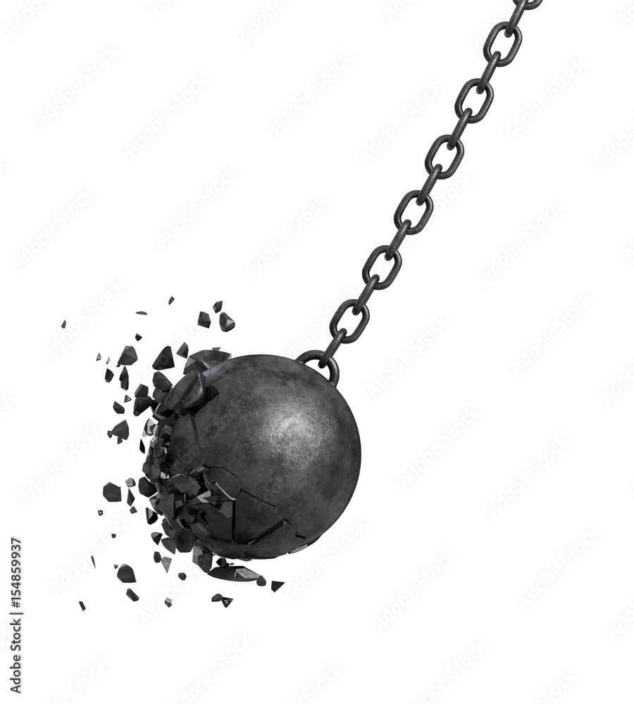 3d rendering of a black swinging wrecking ball crashing into a wall on ...