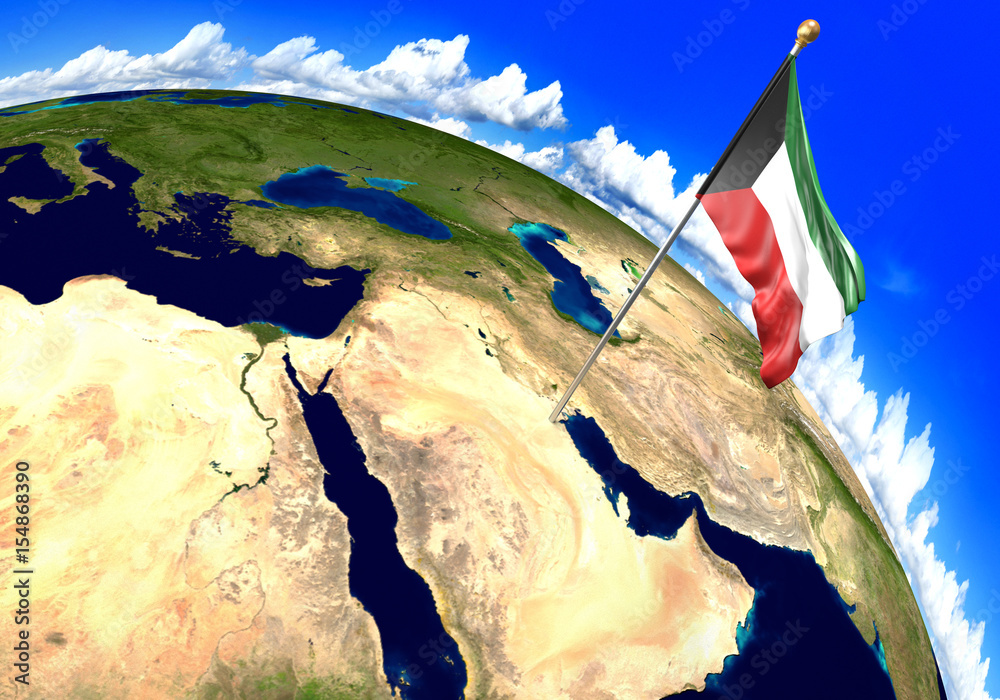 Kuwait national flag marking the country location on world map. 3D ...