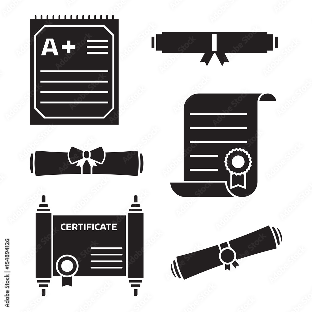 Diploma scroll icon set in outline design. Graduation certificate of ...