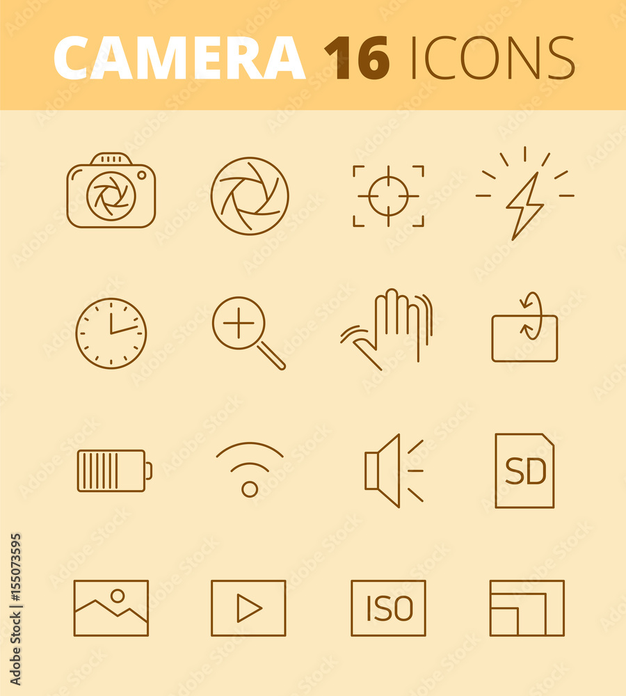 Digital photo camera outline icons: flash, timer, optical stabilizer ...