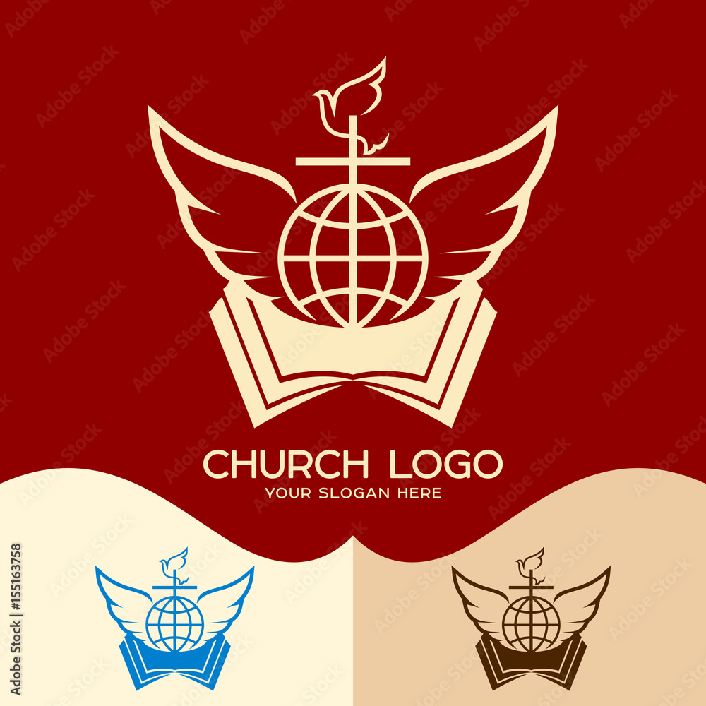 Church logo. Cristian symbols. Cross, open bible, globe, dove and angel ...
