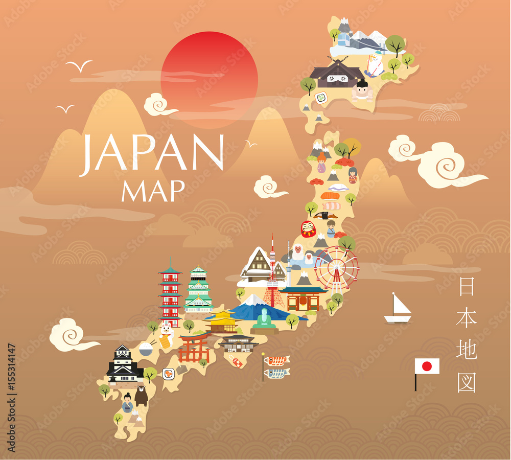 Stock-Vektorgrafik „Japan travel map in flat illustration.“ | Adobe Stock