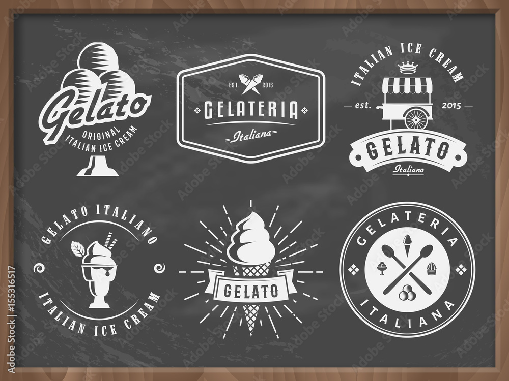 Set of gelato ice cream badges on grungy chalkboard background ...